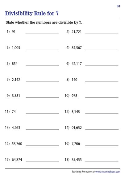 divisibility rule for 7 worksheets