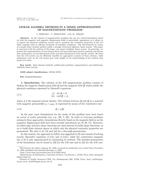 pdf linear algebra methods in a mixed approximation of magnetostatic problems