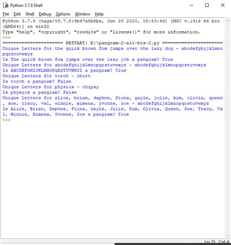 screenshot of running python code for pangrams showing unique letters in alphabetical order as