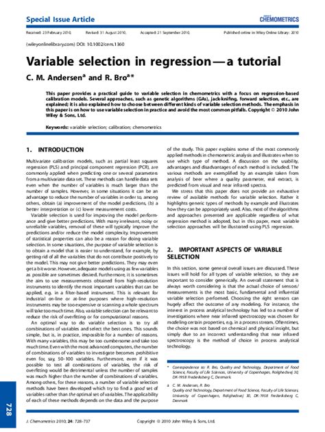 pdf variable selection in regression a tutorial rasmus bro
