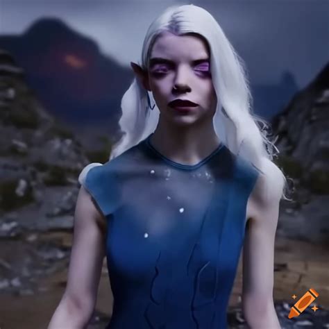 Character Design Of A Dark Blue Skinned Alien Girl With Purple Eyes And White Hair On Craiyon