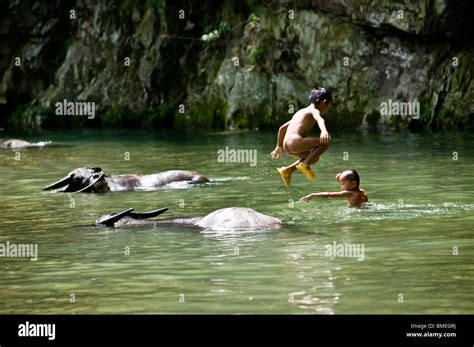 Boys swimming in river water Banque de photographies et dimages à