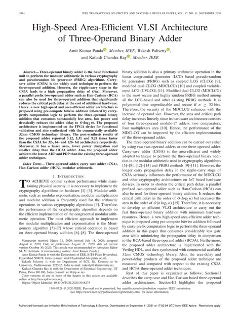 pdf high speed area efficient vlsi architecture of three operand binary adder