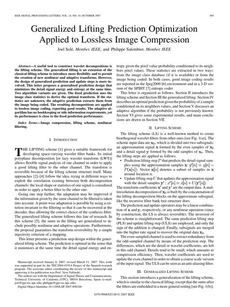 pdf generalized lifting prediction optimization applied to lossless image compression