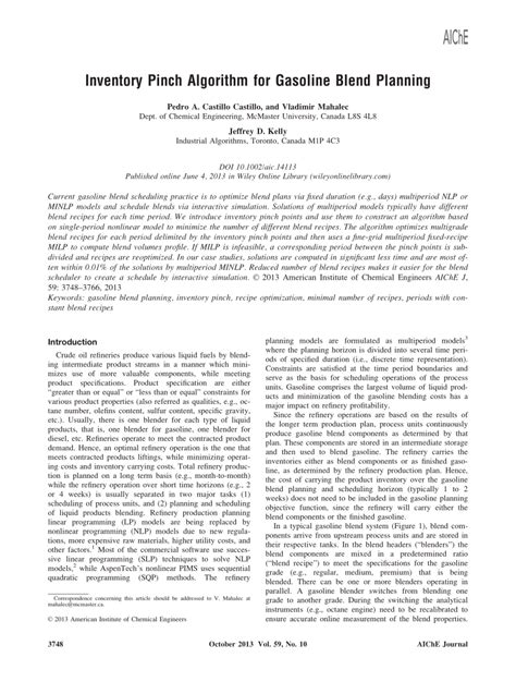 pdf inventory pinch algorithm for gasoline blend planning