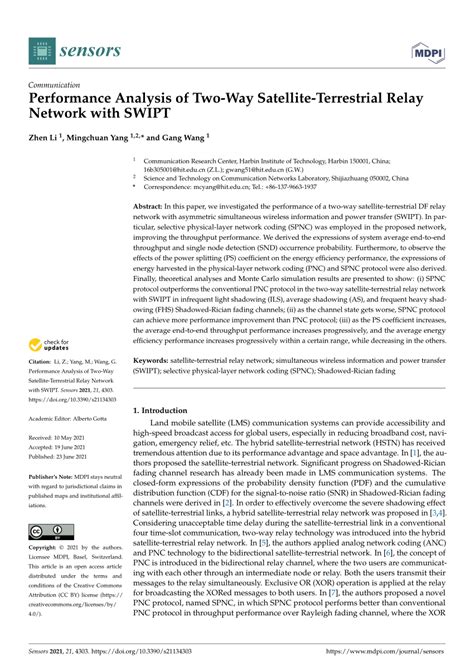 pdf performance analysis of two way satellite terrestrial relay network with swipt