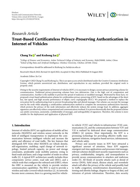 pdf trust based certificateless privacy preserving authentication in internet of vehicles