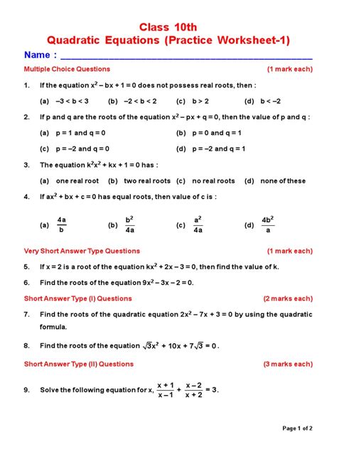 class10th quadraticequations practiceworksheet pdf algorithms mathematics