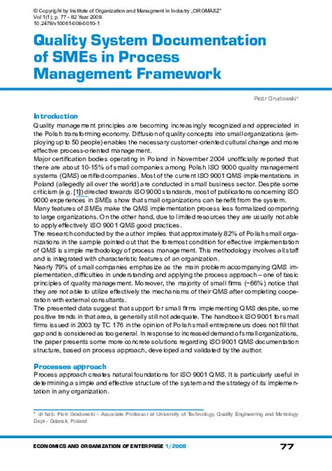 pdf quality system documentation of smes in process management framework piotr grudowski