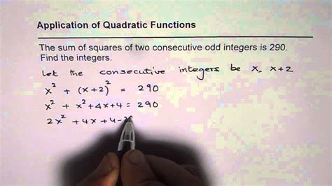 quadratic application sum of square of two consecutive odd integers youtube