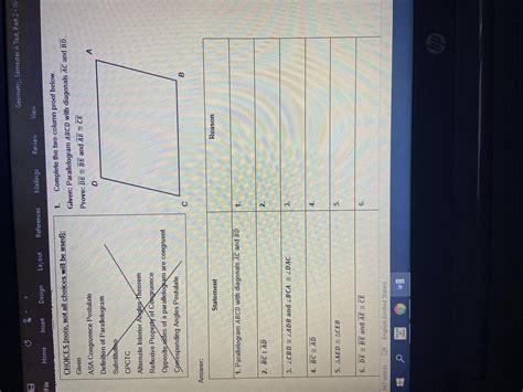 complete the two column proof below given parallelogram abcd with diagonals ac and bd prove de