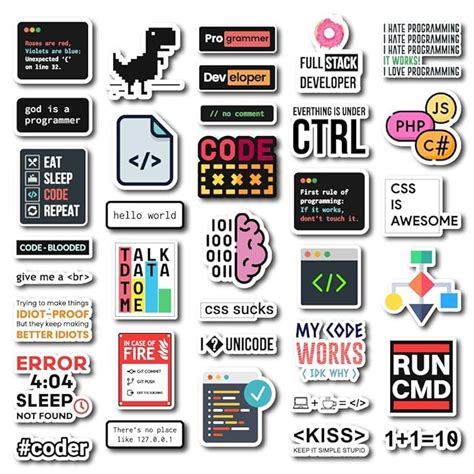 various stickers and decals are displayed on a white background including the words