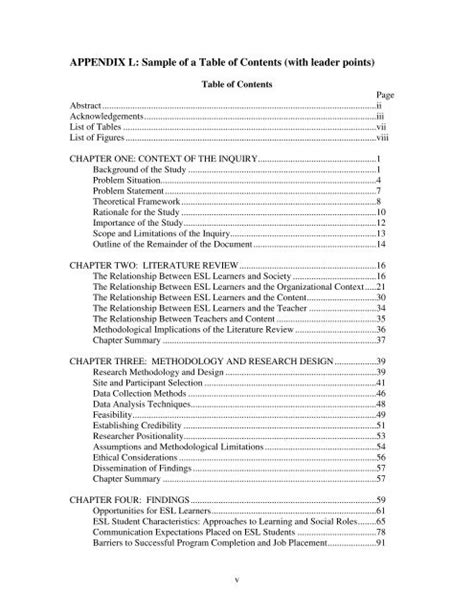 APPENDIX L Sample Of A Table Of Contents With Leader Points