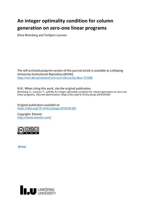 pdf an integer optimality condition for column generation on zero one linear programs