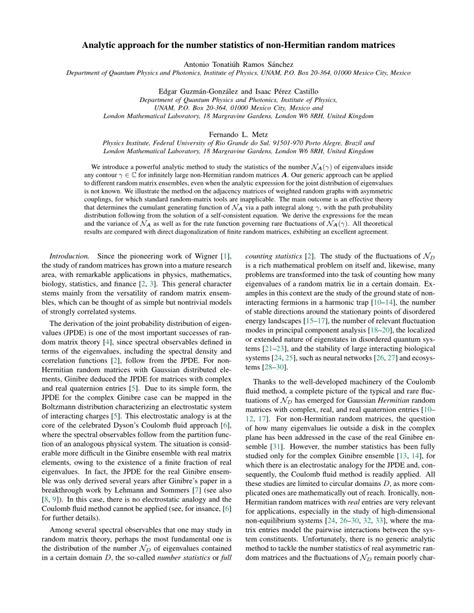 pdf analytic approach for the number statistics of non hermitian random matrices