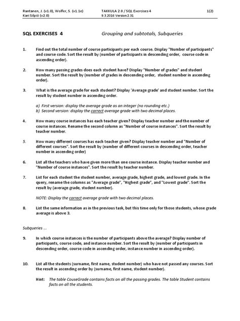 sql exercises 4 grouping and subtotals subqueries pdf numbers teachers