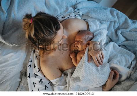 Baby Sleeping On Mothers Chest Bed Stock Photo 2162600913 Shutterstock