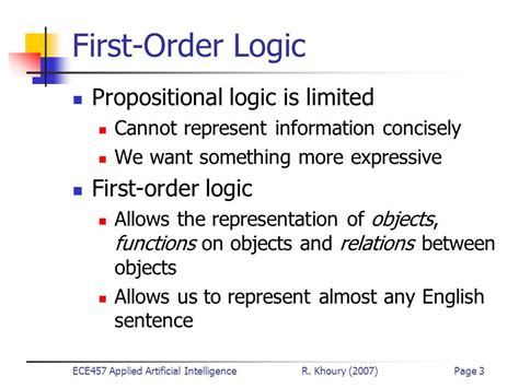 first order logic ece457 applied artificial intelligence fall 2007 lecture 7 ppt download