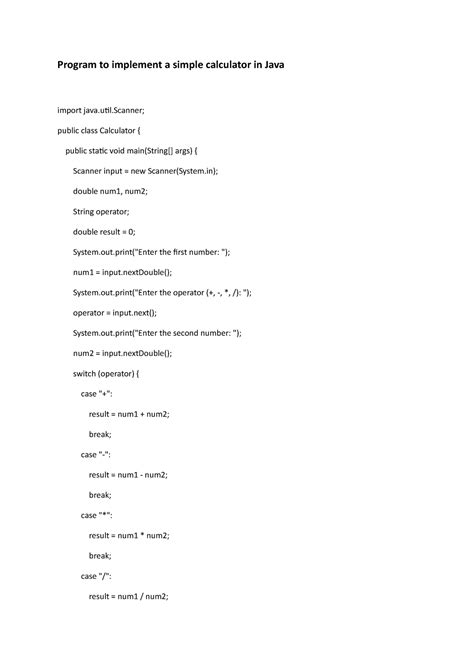 Simple Calculator Java Program To Implement A Simple Calculator In