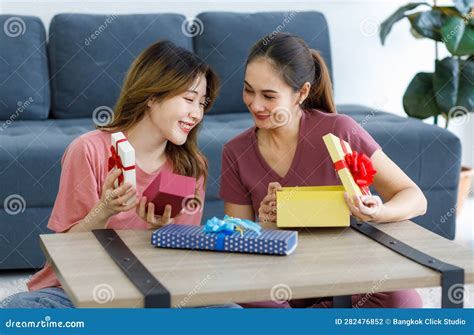 Asian Young Happy Cheerful Female Teenager Lgbtq Lesbian Lover Couple Sitting Smiling Together
