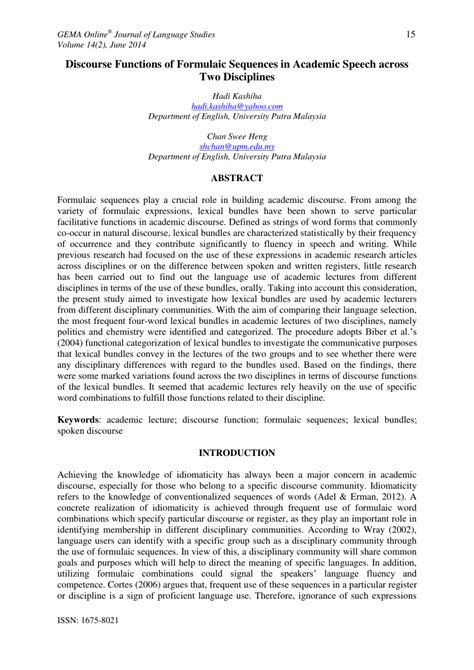pdf discourse functions of formulaic sequences in academic speech across two disciplines