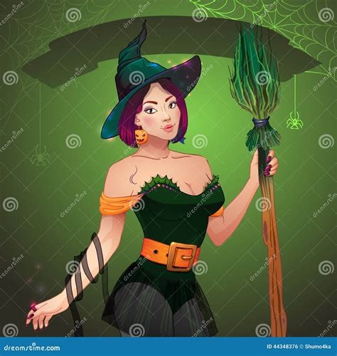 Pretty Witch Halloweensexy Girl With Broom And Hat Greeting Card Happy Halloween Stock Vector