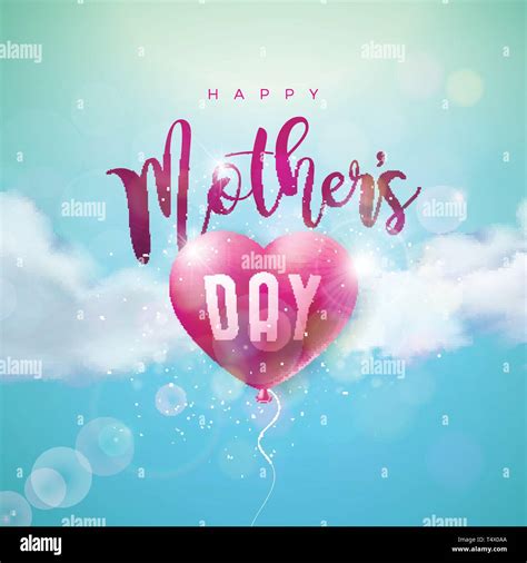 Happy Mothers Day Greeting Card Design With Air Balloon Heart And Typography Letter On Blue