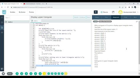 write a program in c to print or display upper triangular matrix srn youtube