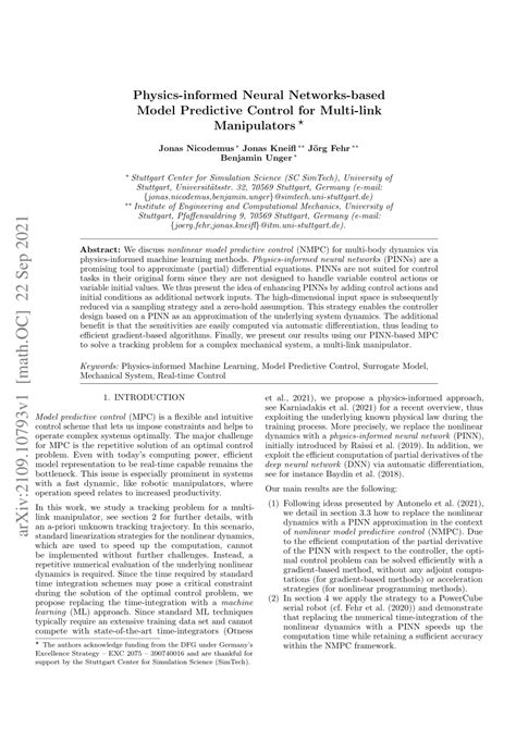 pdf physics informed neural networks based model predictive control for multi link manipulators