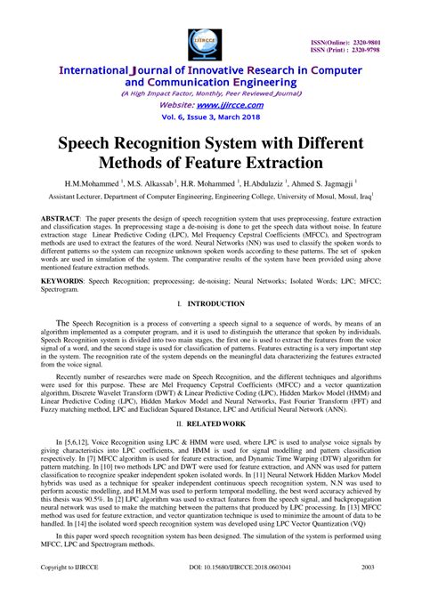 pdf speech recognition system with different methods of feature extraction
