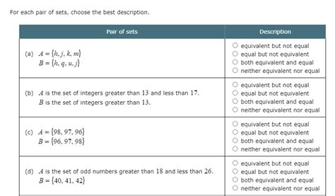 solved for each pair of sets choose the best description