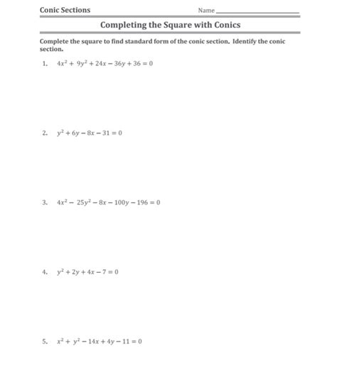 solved conic sections name completing the square with conics