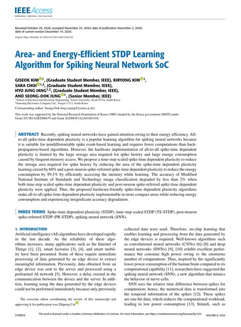 pdf area and energy efficient stdp learning algorithm for spiking neural network soc