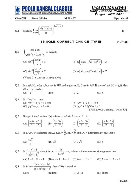 xii maths dpp 33 to 35 pdf function mathematics numbers
