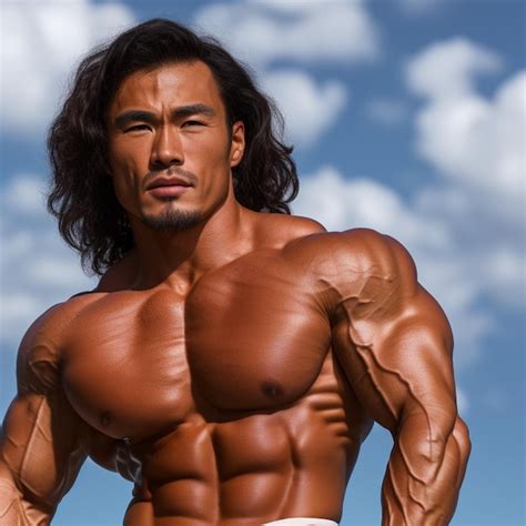 푸른 하늘 앞에서 일본 보디빌더 프리미엄 사진