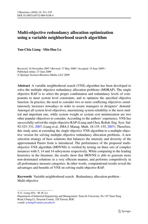 pdf multi objective redundancy allocation optimization using a variable neighborhood search