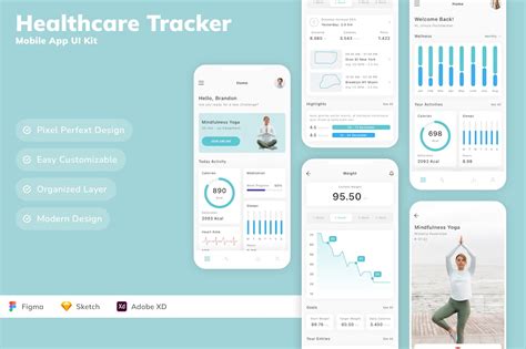 医疗保健追踪器移动应用App UI Kit SKETCH FIG XD 云瑞设计