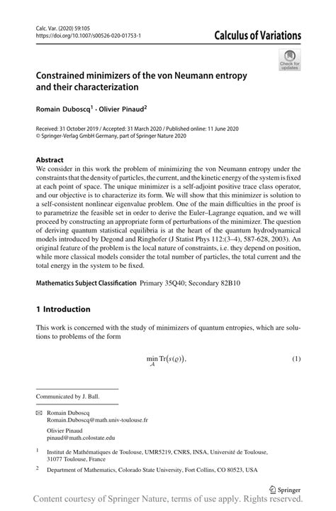 constrained minimizers of the von neumann entropy and their characterization request pdf