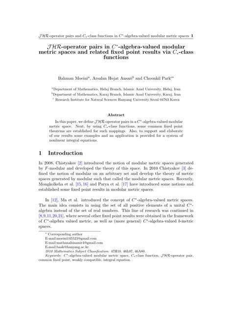 pdf jhr operator pairs in c algebra valued modular metric spaces and related fixed point