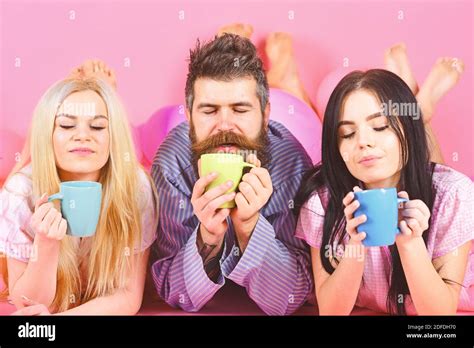 Lovers Drinking Coffee In Bed Threesome Relax In Morning With Coffee Stormy Night Concept Man