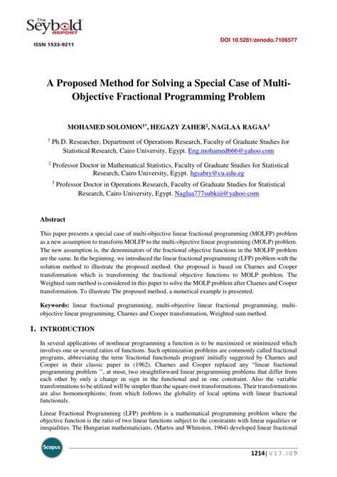 pdf a proposed method for solving a special case of multi objective fractional programming