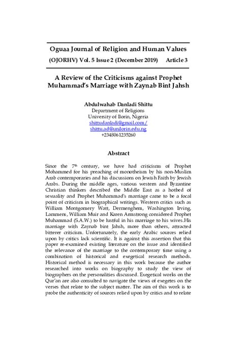 Pdf Review Of The Criticisms Against Prophet Muhammads Marriage With Zaynab Bint Jahsh