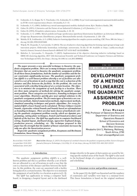 pdf development of a method to linearize the quadratic assignment problem
