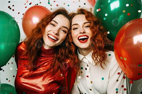 Two Redhead Women Friends At A Party With Balloons And Confetti Ai Generated 28287340 Stock