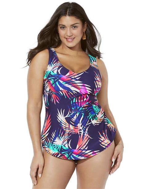 Swimsuits For All Womens Plus Size Sarong Front One Piece Swimsuit 12 Navy Multi Leaf