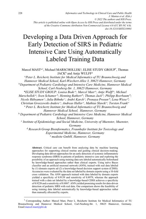 pdf developing a data driven approach for early detection of sirs in pediatric intensive care