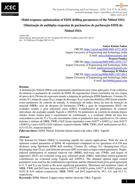 pdf multi response optimization of edm drilling parameters of the nitinol sma