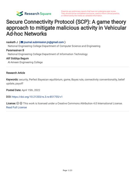 pdf secure connectivity protocol scp a game theory approach to mitigate malicious activity