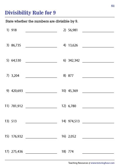divisibility rule for 9 worksheets