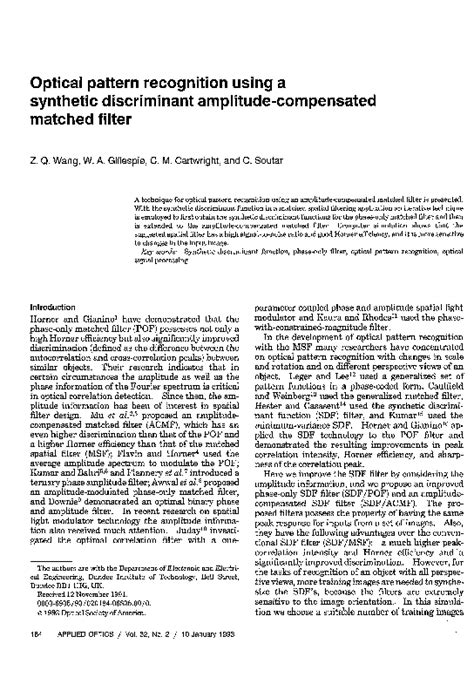 pdf optical pattern recognition using a synthetic discriminant amplitude compensated matched